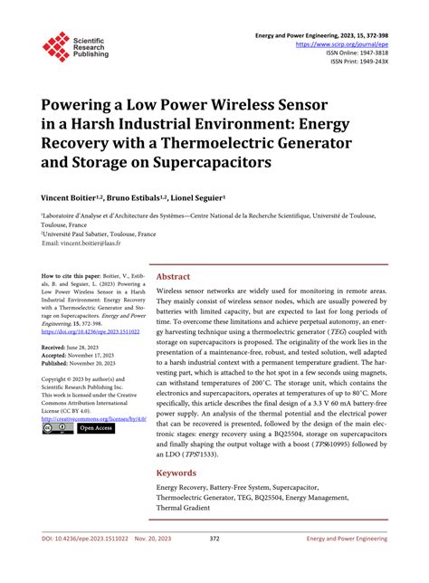 Pdf Powering A Low Power Wireless Sensor In A Harsh Industrial Environment Energy Recovery