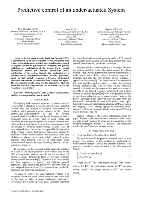 Pdf Predictive Control Of An Under Actuated System