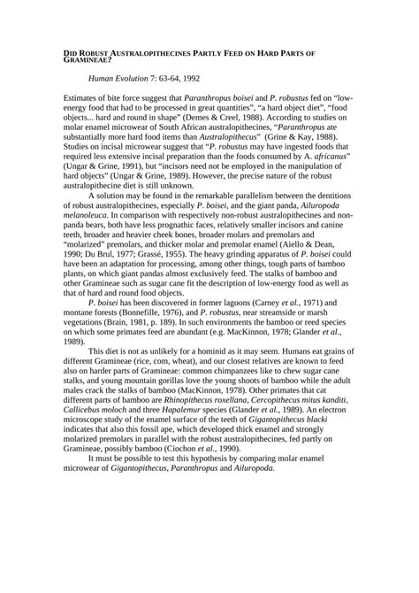 Pdf Did Robust Australopithecines Partly Feed On Hard Parts Of Gramineae