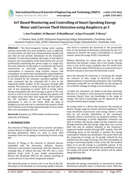 Irjet Iot Based Monitoring And Controlling Of Smart Speaking Energy Meter And Current Theft
