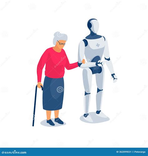 Humanoid Robot Nurse Taking Care Of Pensioner Stock Vector