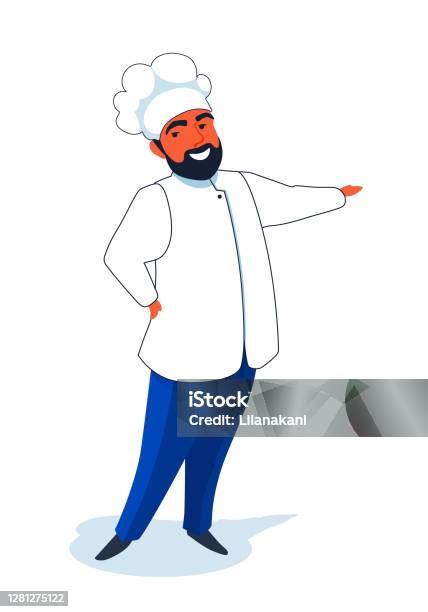 유니폼을 입은 요리사가 손짓으로 미소를 짓고 있는 것을 보여준다 수염이 있는 제빵사가 옆을 가리켰다 전체 길이의 만화 캐릭터 가공의 인물에 대한 스톡 벡터 아트 및 기타