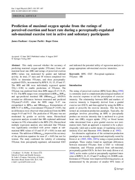 Pdf Prediction Of Maximal Oxygen Uptake From The Ratings Of Perceived