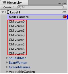 A Scene Containing A Unity Camera With Cinemachine Brain Blue And Multiple Virtual Cameras Red