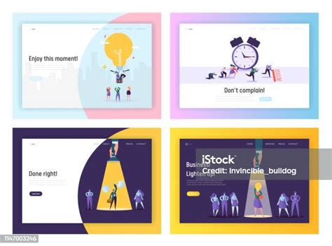 비즈니스 아이디어 마감일 성공 웹사이트 랜딩 페이지 템플릿 세트 사업가 사무실에서 작업 프로세스 열심히 일하고 있는 직원 들이 목표 웹 페이지에 도달 합니다 만화 평면 벡터
