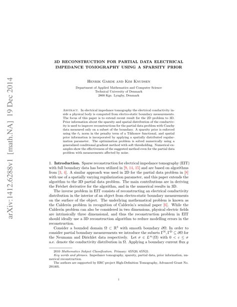 Pdf 3d Reconstruction For Partial Data Electrical Impedance Tomography Using A Sparsity Prior