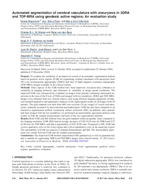 Pdf Automated Segmentation Of Cerebral Vasculature With Aneurysms In