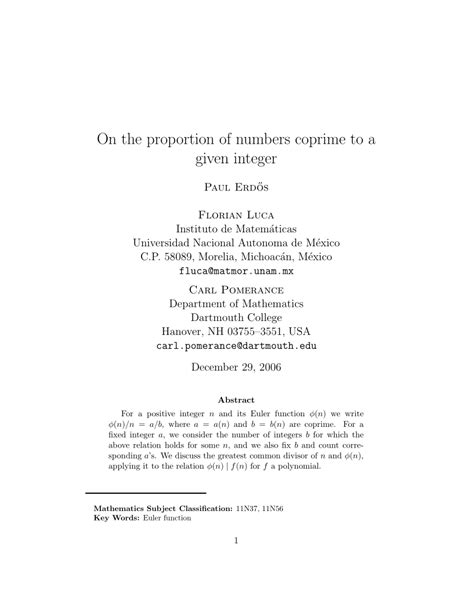 Pdf On The Proportion Of Numbers Coprime To A Given Integer