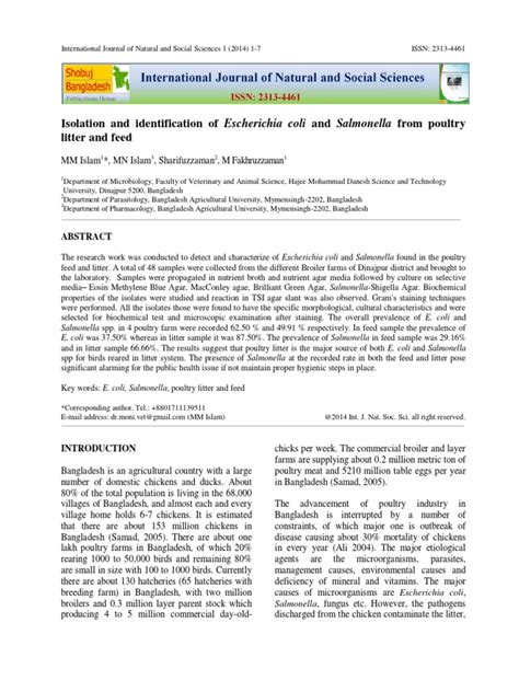 Isolation And Identification Of Escherichia Coli And Salmonella From Poultry Litter And Feed