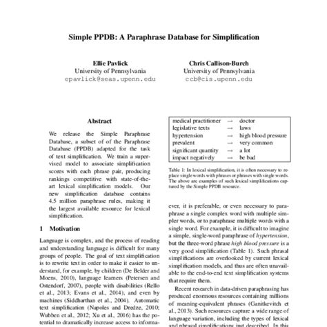 Simple Ppdb A Paraphrase Database For Simplification Acl Anthology