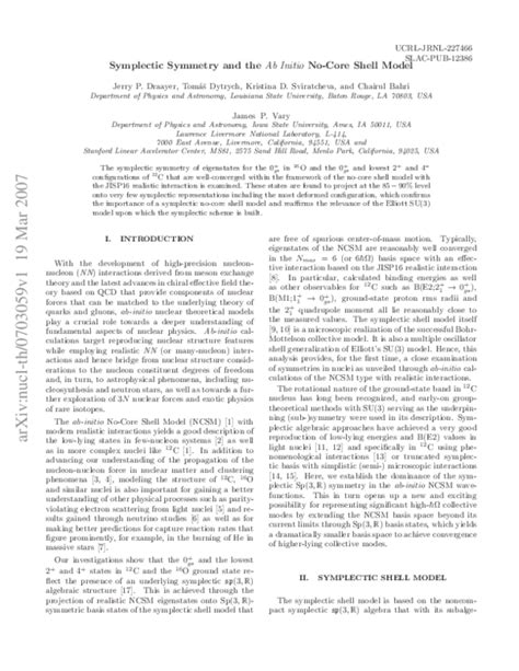 Pdf Symplectic Symmetry And The Ab Initio No Core Shell Model