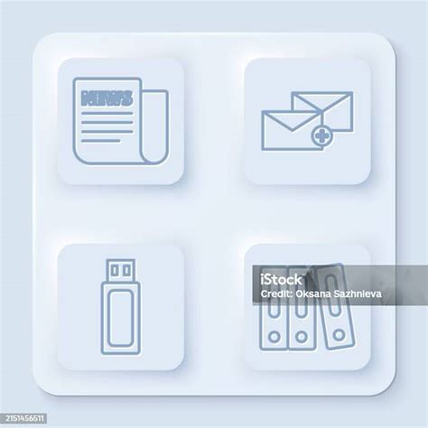 라인 뉴스 봉투 Usb 플래시 드라이브 및 Office 폴더를 용지와 문서로 설정합니다 흰색 사각형 버튼입니다 벡터 0명에 대한