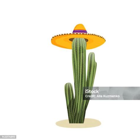넓은 멕시코 솜브레로 모자 격리 된 요소에 가시가있는 키가 큰 즙이 많은 선인장 아이콘 게임 포장 배너에 대한 벡터 일러스트 레이 션 와일드 웨스트 멕시코 상징 개념 대형에