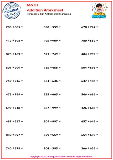 Horizontal 3 Digit Addition Drill Regrouping Worksheets And Exercise