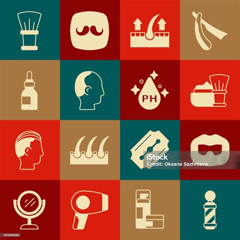 클래식 이발소 기둥 콧수염과 수염 거품이 있는 면도 브러시 인간의 모낭 대머리 기름병 및 케어 트리트먼트 아이콘을 설정합니다 벡터 건강 진단에 대한 스톡 벡터 아트 및 기타