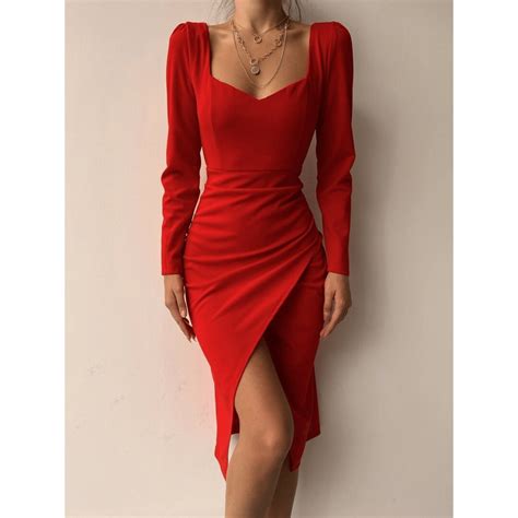 Long Sleeve Sexy Midi Long Red Dress With Side Slit Red Etsy
