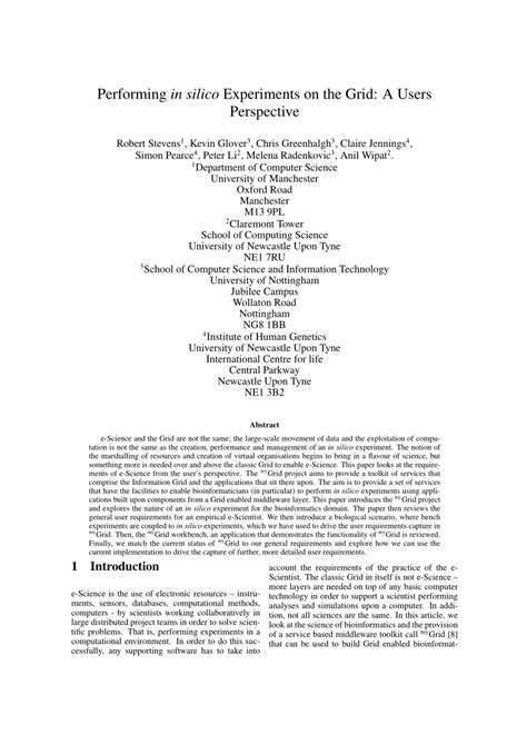 PDF Performing In Silico Experiments On The Grid A Users Perspective