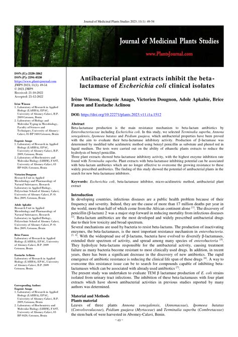 Pdf Antibacterial Plant Extracts Inhibit The Beta Lactamase Of Escherichia Coli Clinical