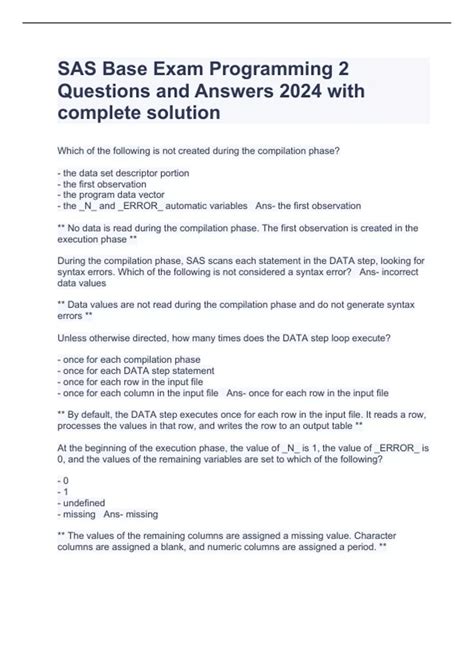 Sas Base Exam Programming 2 Questions And Answers 2024 With Complete Solution Sas Base Stuvia Us