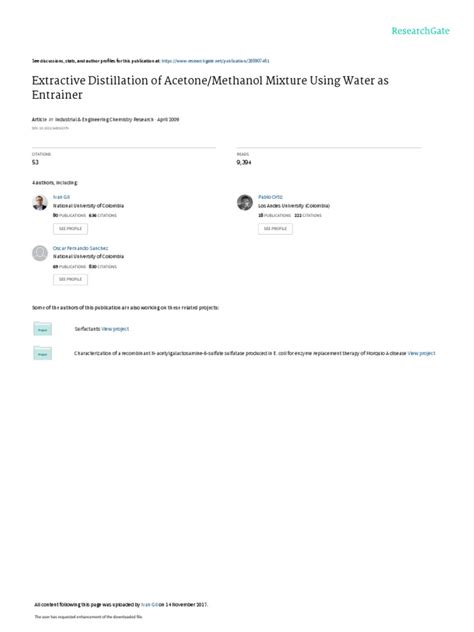 Extractive Distillation Of Acetonemethanol Mixture Using Water As Entrainer Pdf