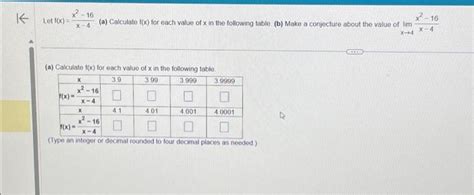 solved k let f x x² 16 x 4 a calculate f x for each