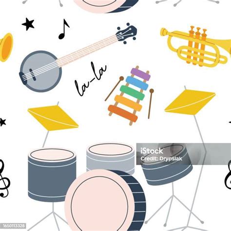 악기 원활한 패턴 튜바 트럼펫 드럼 플루트 호른 류트 바이올린 일렉트릭 베이스 기타 색깔이 있는 악기 배경 드럼 세트에 대한