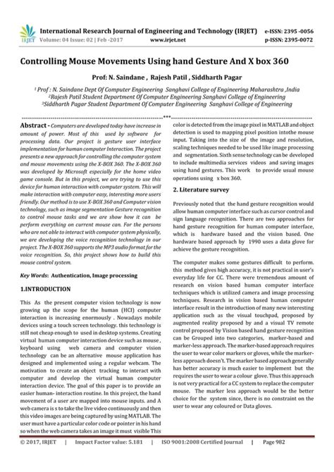 Controlling Mouse Movements Using Hand Gesture And X Box 360 Pdf