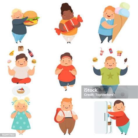 과 체중 소년과 소녀 세트 흰색 배경에 패스트 푸드 벡터 일러스트 레이 션과 귀여운 통 통한 어린이 만화 캐릭터 과체중에 대한