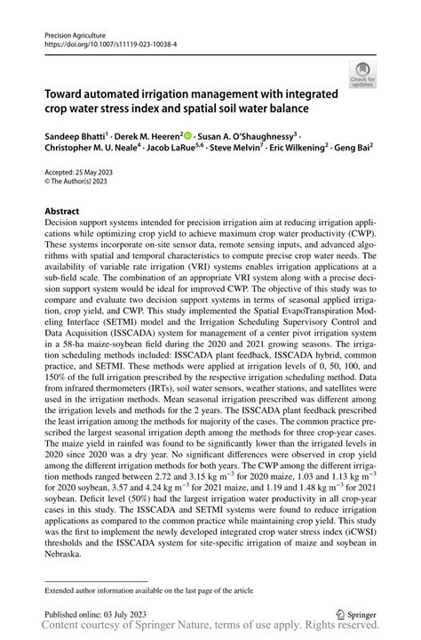 Pdf Toward Automated Irrigation Management With Integrated Crop Water Stress Index And Spatial