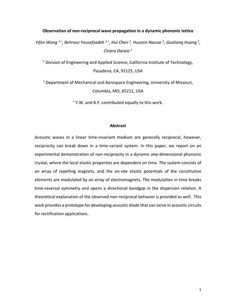 Pdf Observation Of Nonreciprocal Wave Propagation In A Dynamic Phononic Lattice