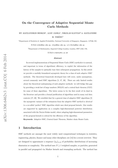 Pdf On The Convergence Of Adaptive Sequential Monte Carlo Methods