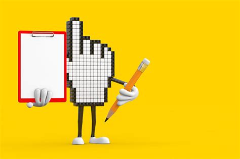 픽셀 핸드 커서 마스코트 사람 캐릭터 빨간색 플라스틱 클립 보드 종이 및 연필 3d 렌더링 검색에 대한 스톡 사진 및 기타