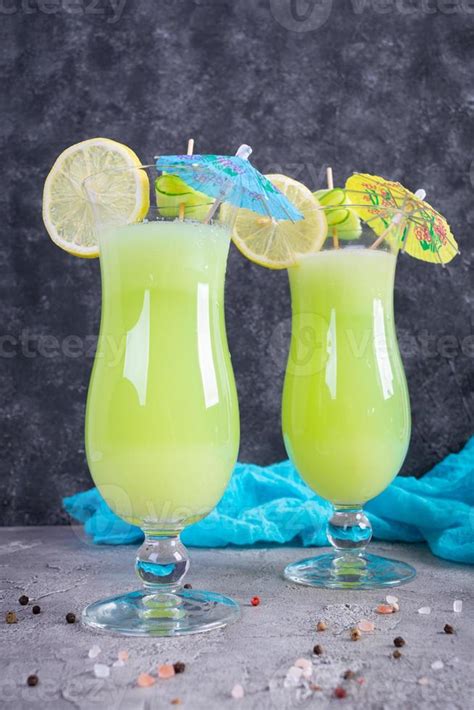 Glass Of Fresh Cucumber Juice Cocktail With Cucumber Ice And Lemon Summer Alcohol Drink