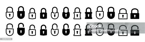 아이콘 집합을 잠급합니다 잠금 및 잠금 해제 된 벡터 아이콘 세트입니다 장치 보안의 잠금 및 잠금 해제 자물쇠 기호입니다 개인 정보 기호 벡터 스톡 일러스트레이션 플랫 윤곽