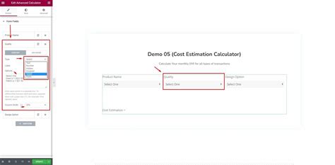 make cost estimation calculator using elementor and element pack
