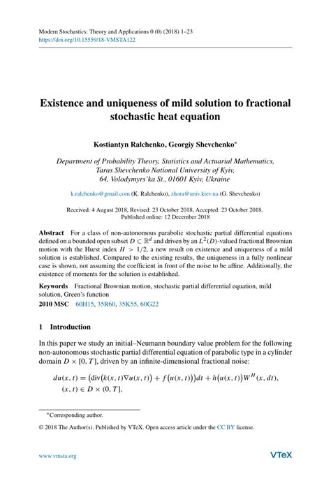 Pdf Existence And Uniqueness Of Mild Solution To Fractional Stochastic Heat Equation
