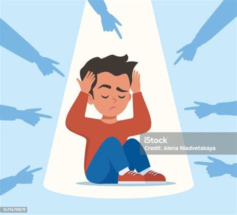 슬프거나 우울한 소년 아이는 검지 손가락으로 그를 가리키는 손으로 둘러싸여 있습니다 사회적 괴롭힘 개념 공개 트롤링 수치심 벡터 그림입니다 가리키기에 대한 스톡 벡터 아트