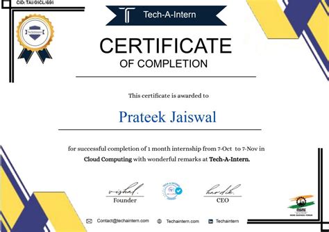 finished one month cloud computing internship at tech a intern