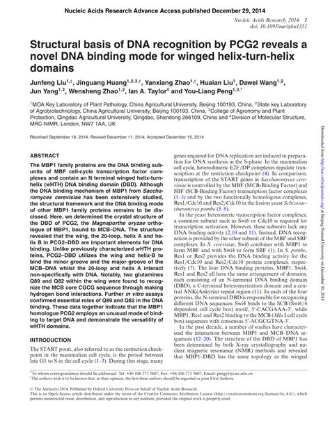 Pdf Structural Basis Of Dna Recognition By Pcg2 Reveals A Novel Dna Binding Mode For Winged