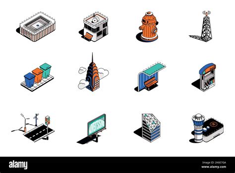 City Infrastructure And Buildings 3d Isometric Icons Set Pack Elements Of Stadium Hydrant