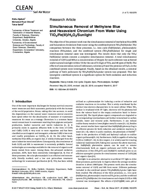 Pdf Simultaneous Removal Of Methylene Blue And Hexavalent Chromium