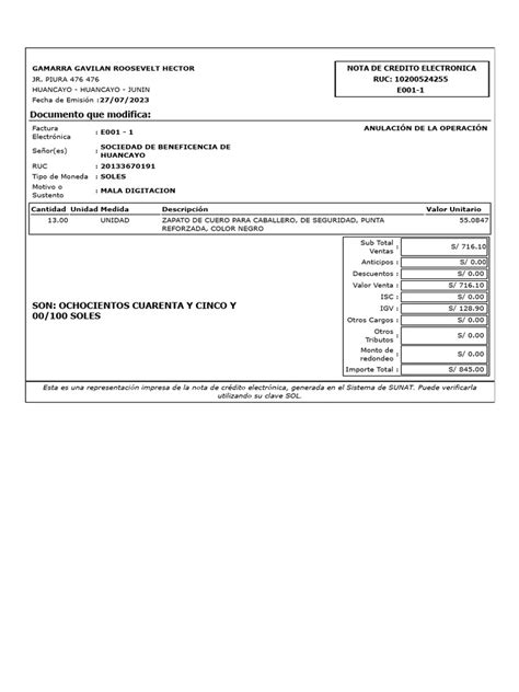 Nota De Credito E001 001 A La Factura E001 1 Pdf Nota De Credito E001 001 A La Factura E001 1 Pdf