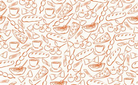 손으로 그린 이탈리아 음식 완벽 한 패턴입니다 피자 치즈 파스타 스파게티 토마토 올리브 이탈리아 재료를 곁들인 분필 크레용