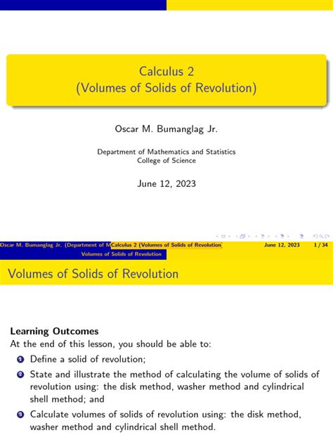 Calculus 1 Calculus 2 Volumes Of Solids Of Revolution Pdf Volume Calculus