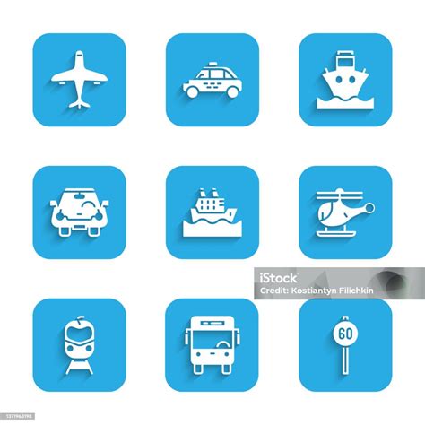 크루즈 선박 버스 속도 제한 교통 헬리콥터 기차 및 철도 자동차 화물 및 비행기 아이콘을 설정합니다 벡터 바다에 대한 스톡 벡터