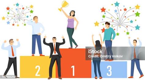 사람들은 승자입니다 한 무리의 사람들이 영광의 연단에 서 있는 미니 캐릭터들 벡터 승자 개념의 만화 그림 벡터 3차원 형태에 대한 스톡 벡터 아트 및 기타 이미지 Istock