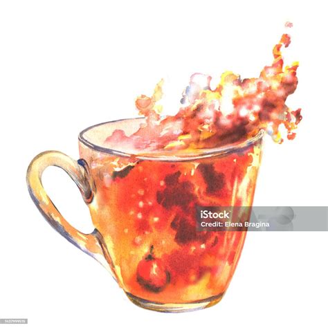 차가 튀고 떨어지는 홍차 컵의 수채화 그림 유리에 베리와 브라이어 차 흰색 배경에 격리 엎지름에 대한 스톡 벡터 아트 및 기타