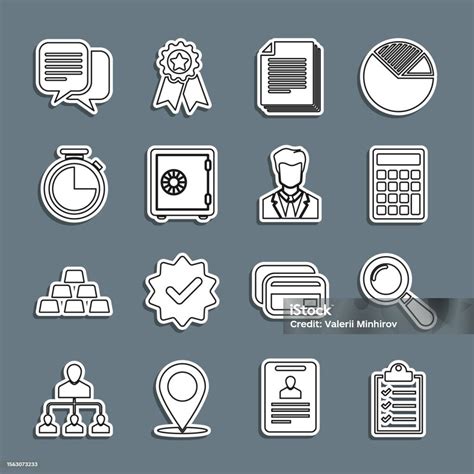 체크리스트 돋보기 계산기 문서 금고 스톱워치 채팅 및 남자 비즈니스 정장 아이콘의 사용자로 라인 클립 보드를 설정합니다 벡터 개념에 대한 스톡 벡터 아트 및 기타 이미지