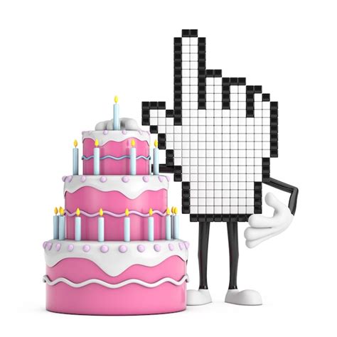 Premium Photo Pixel Hand Cursor Mascot Person Character With Birthday Cartoon Dessert Tiered