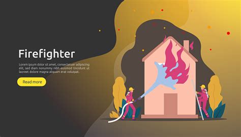 소방 서 불타는 집에 대 한 호스에서 물 스프레이를 사용 하 여 소방 관 소방 관 제복 소방 서 구조 대원 웹 랜딩 페이지 배너 프레젠테이션 프로 모션 또는 인쇄 미디어에